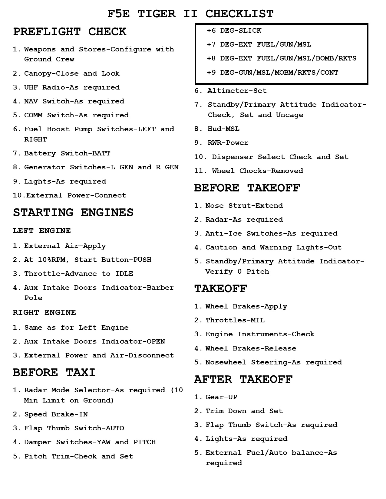 F-5E Tiger II Checklist