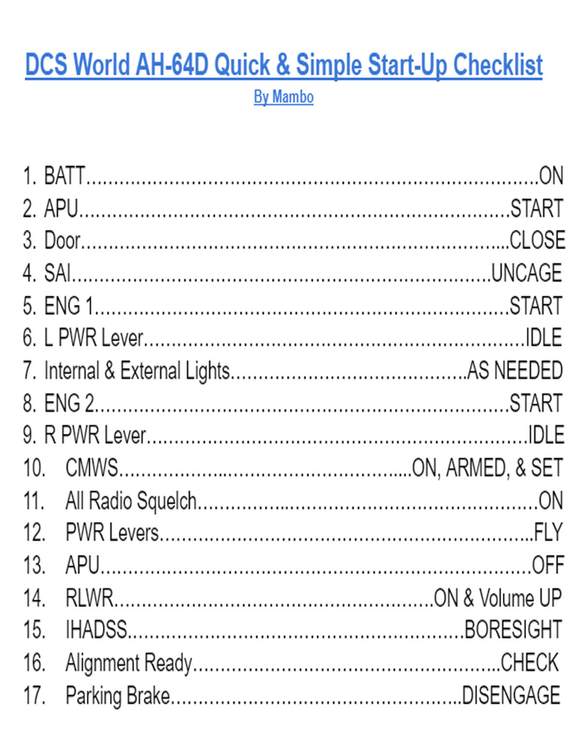 AH-64D Apache Quick & Simple Start-Up Checklist - By Mambo