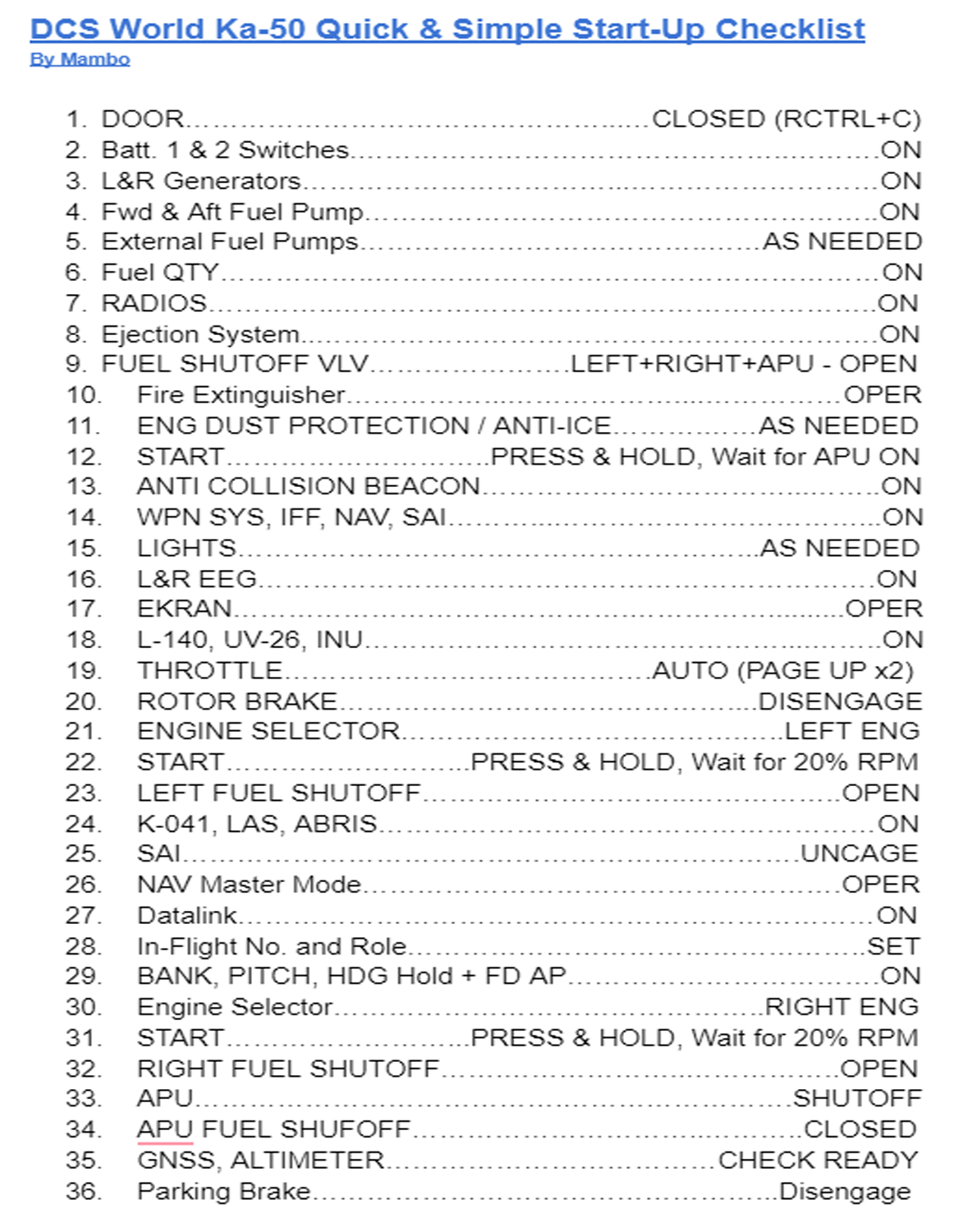 Ka-50 Black Shark 2 Quick & Simple Start-Up Checklist - By Mambo